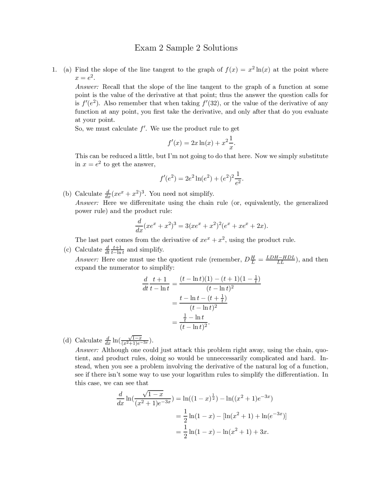 Sample Exam 2 Solutions Elementary Calculus I Math 220 Docsity