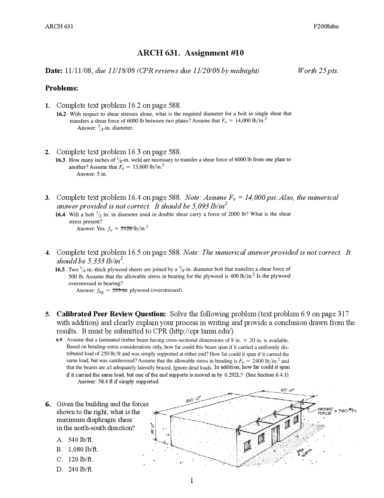 Homework 10 Solutions Applied Architecture Structures Arch 631 Docsity