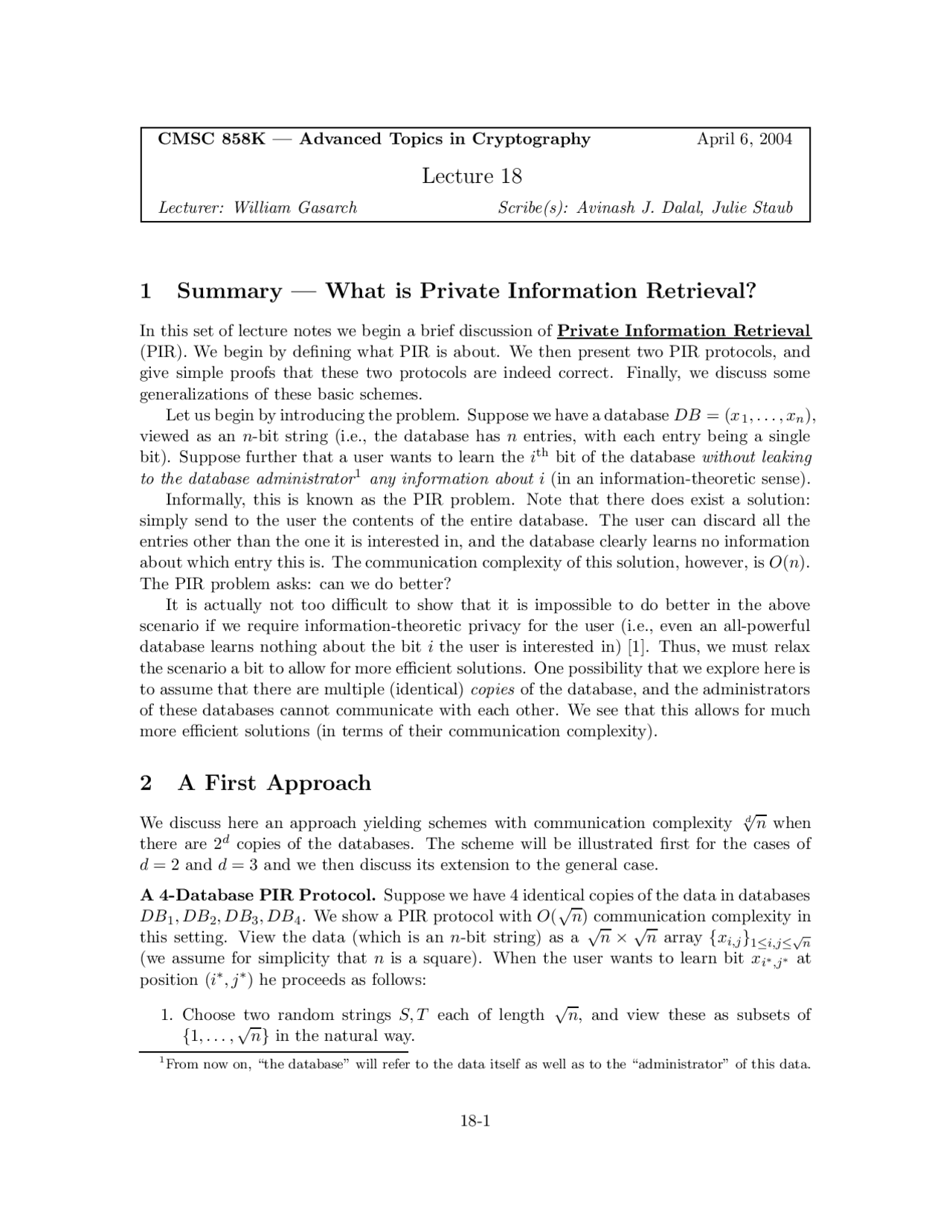 What is the Private Information Retrieval - Advanced Topics in Cryptography | CMSC 858K | Study ...