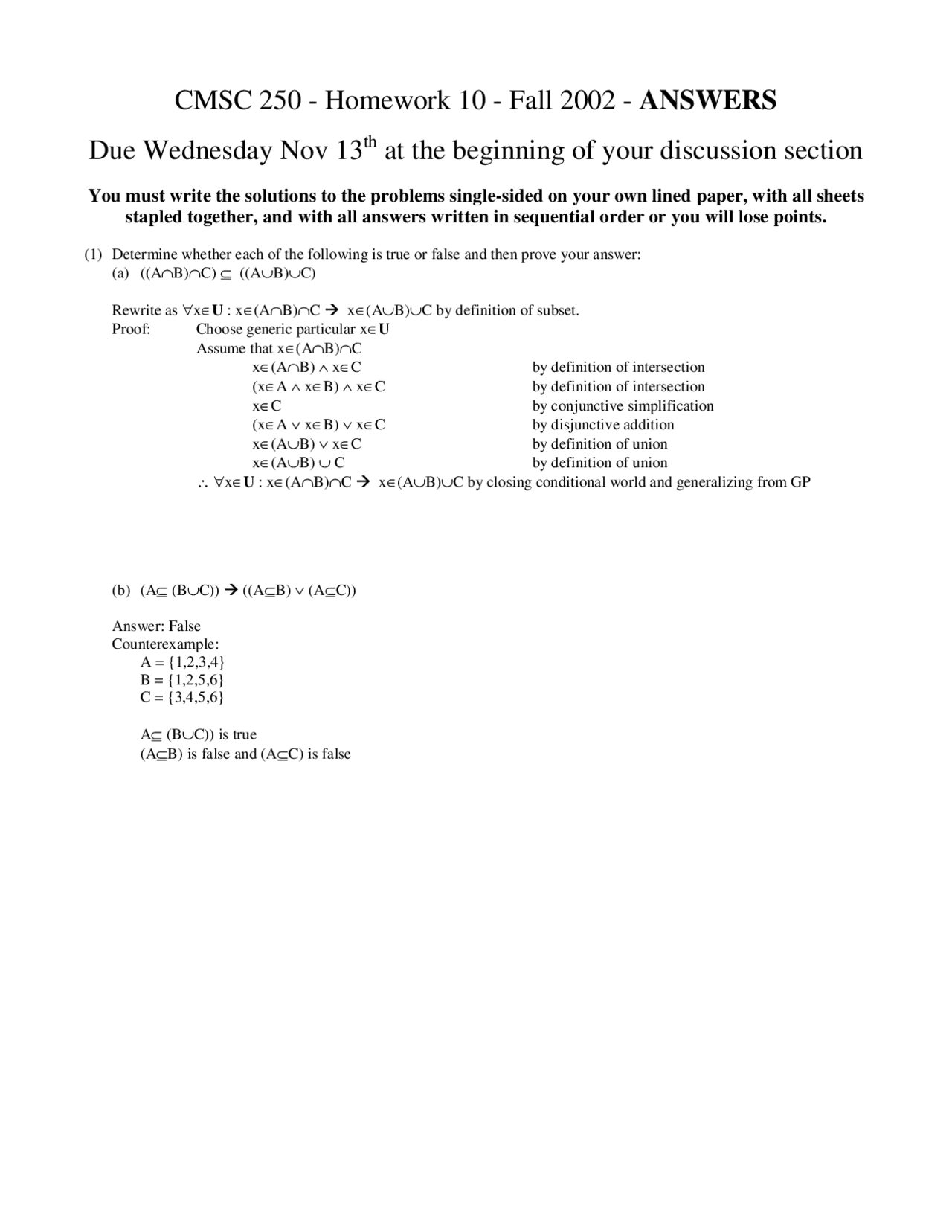 Homework 10 With Answers Discrete Structures Cmsc 250 Docsity