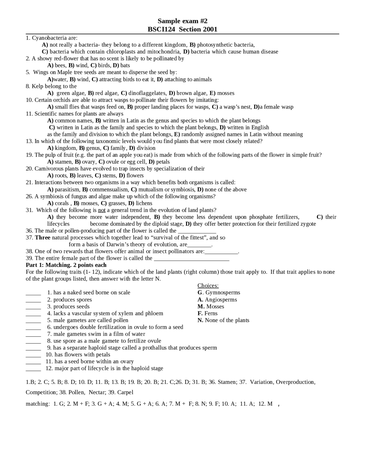 Plant Biology Sample Exam 2: Multi-Choice Questions with Answers | BSCI ...