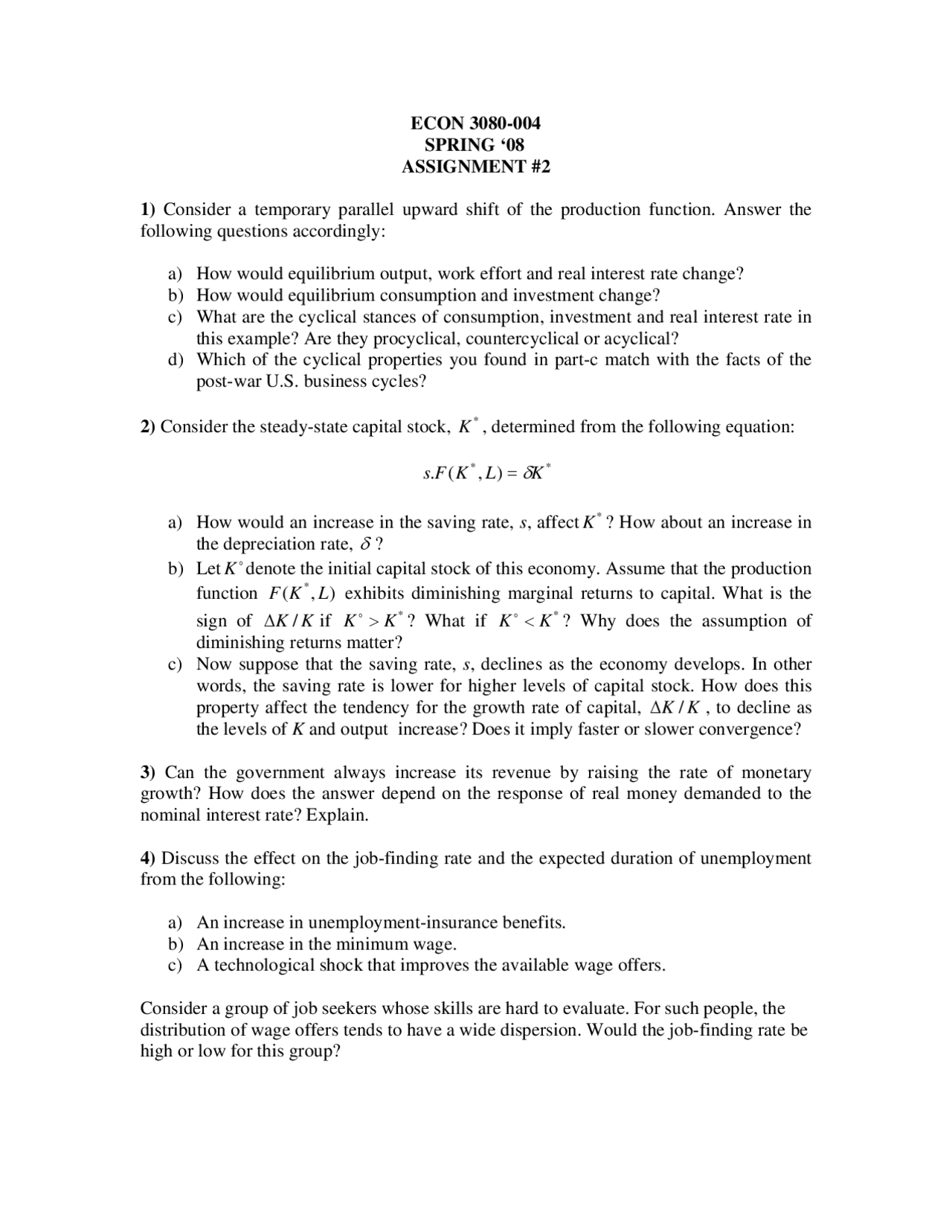 Assignment 2 Questions for Intermediate Macroeconomic Theory | ECON 3080 | Assignments Economics ...