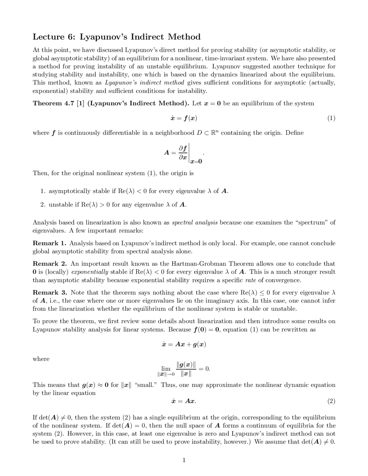 Lyapunovs Indirect Method Lecture Notes Aoe 5344 Docsity