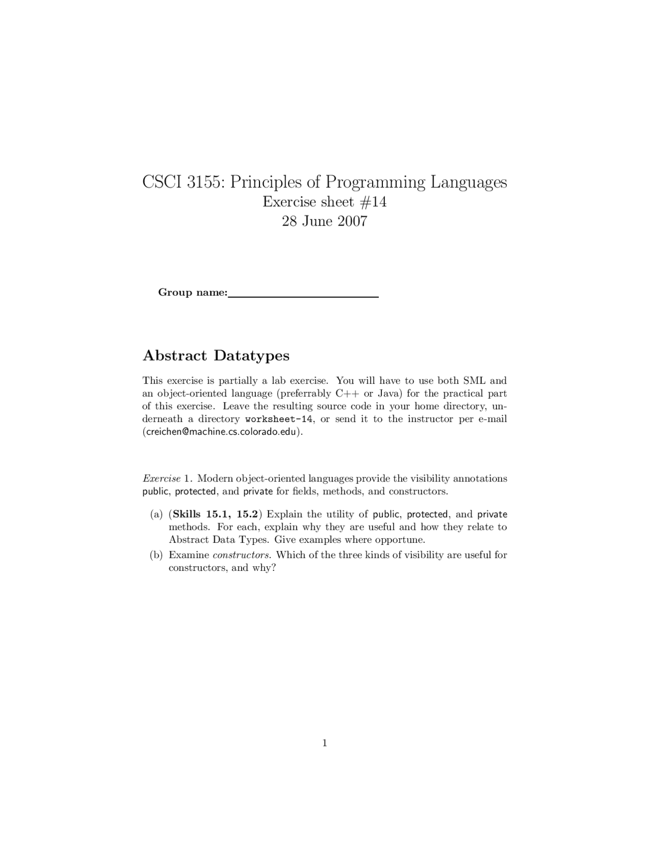Principles Of Programming Languages Exercise Sheet 14 Csci 3155 Docsity