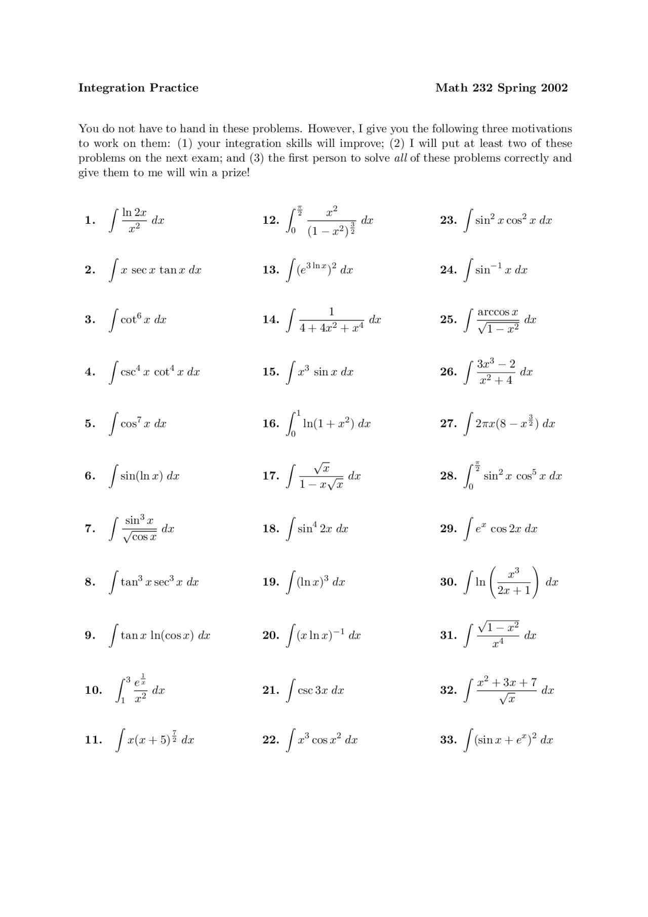 Calculus with Functions II - Integration Practice | MATH 232 - Docsity