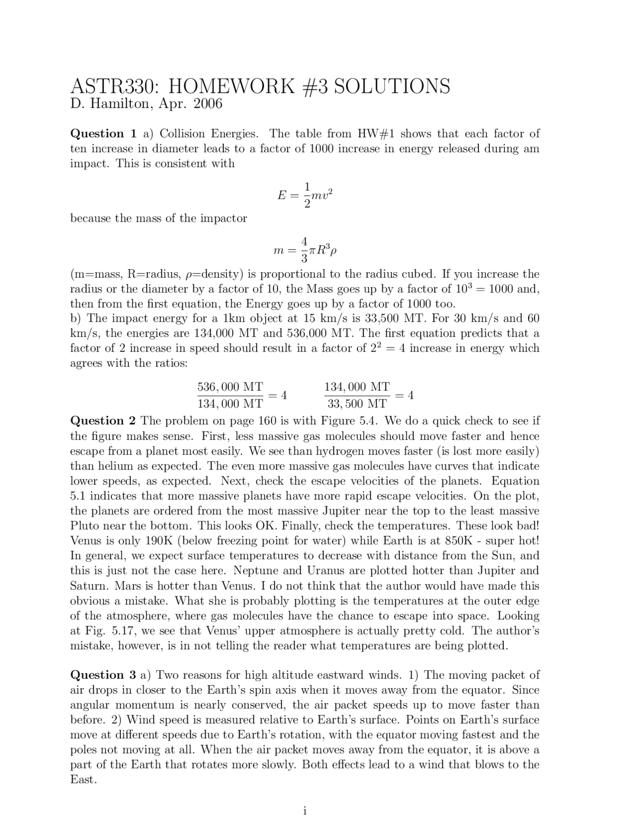 Homework 3 Solutions Introduction To Solar Systems Astronomy Astr