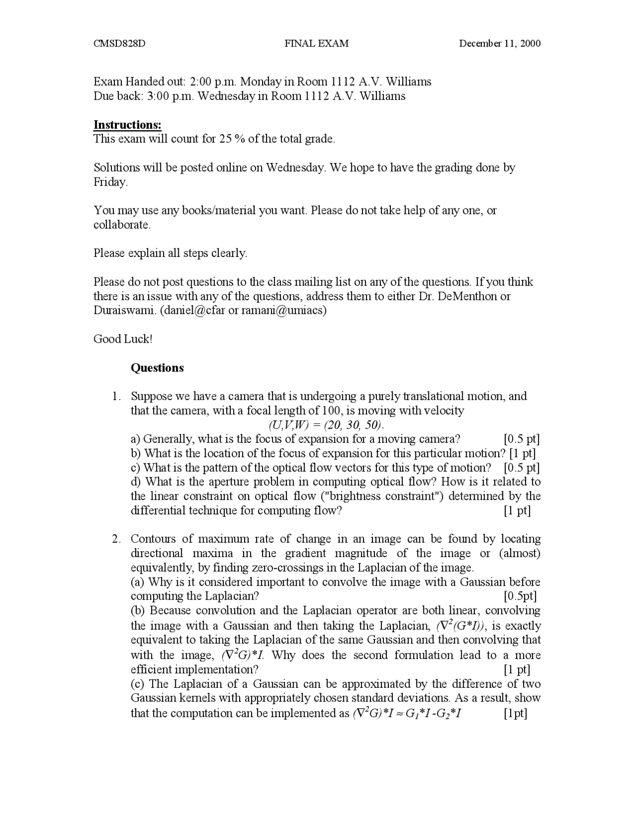 Final Exam With Problems Fundamentals Of Computer Vision Cmsc 828d Docsity