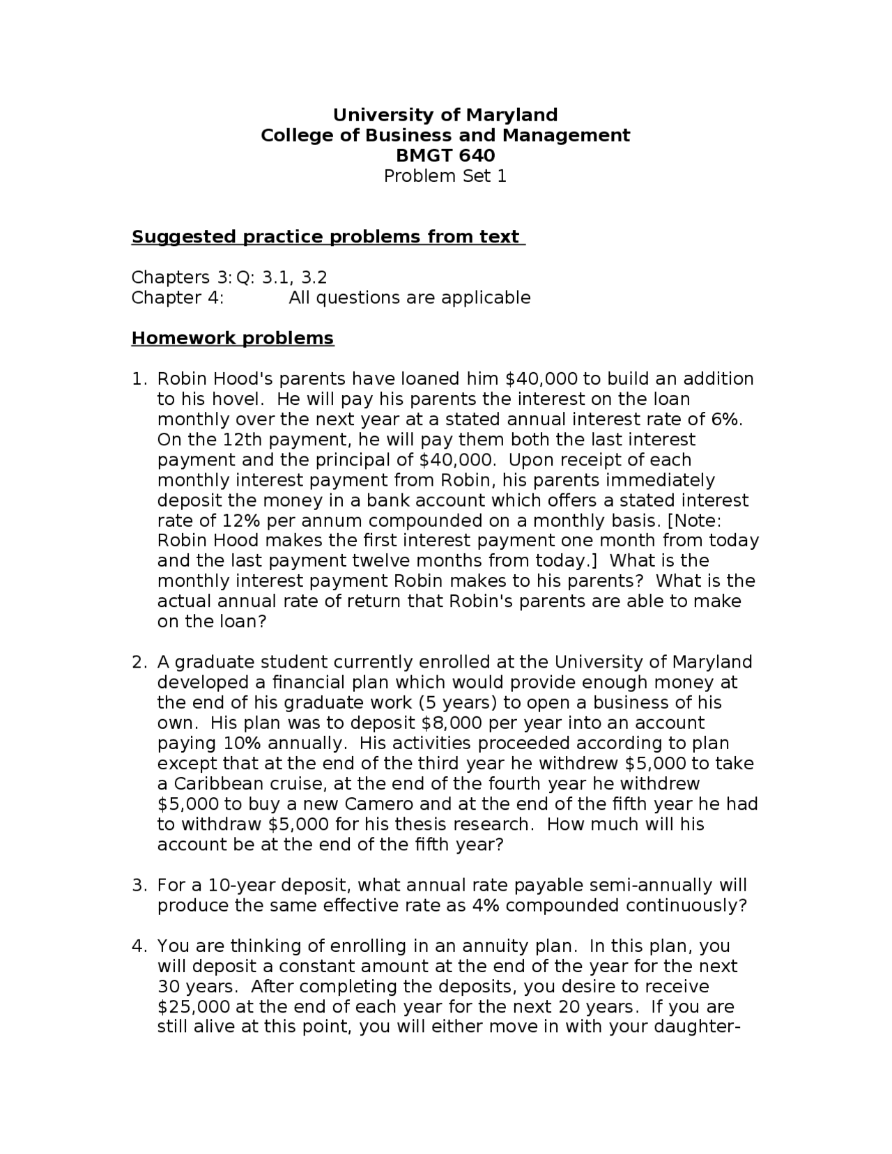 Chapter 4 Suggested Practice Problem From Test Bmgt 640 Docsity
