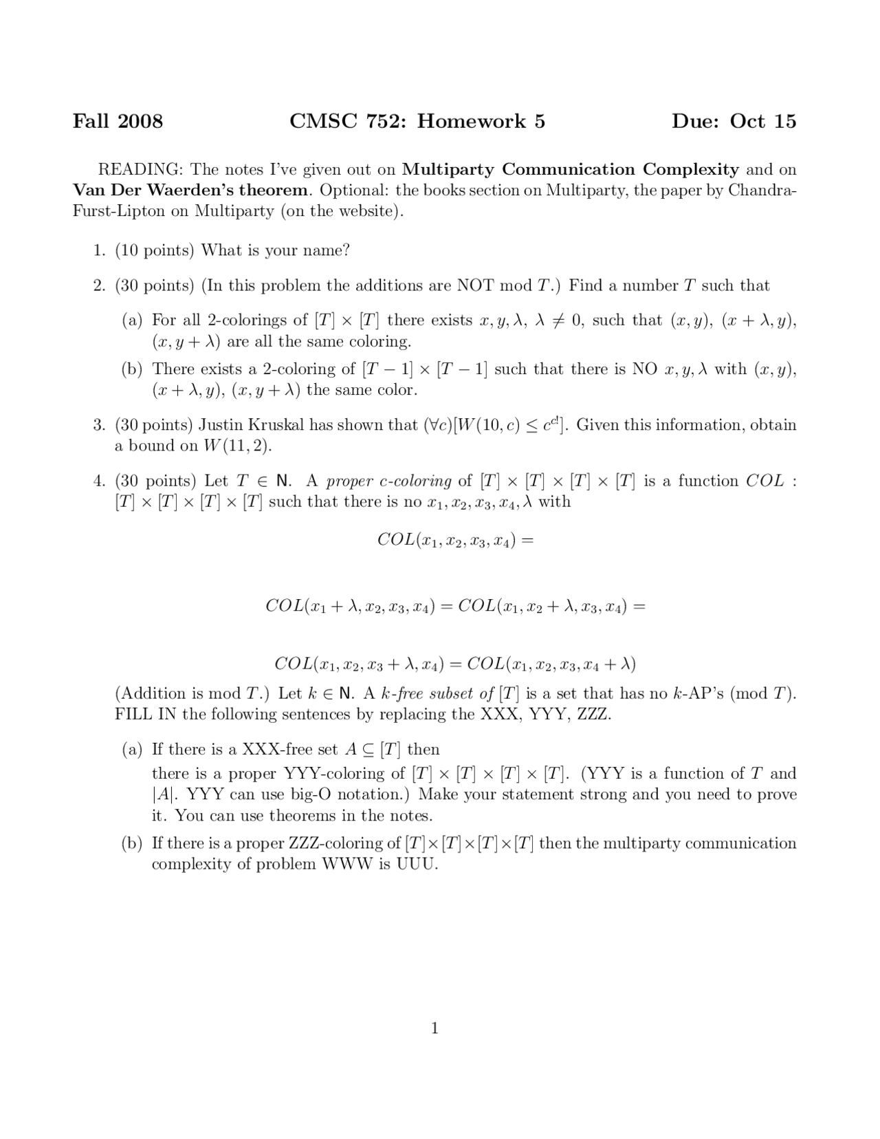 Multiparty Communication Complexity Homework Cmsc 752 Docsity