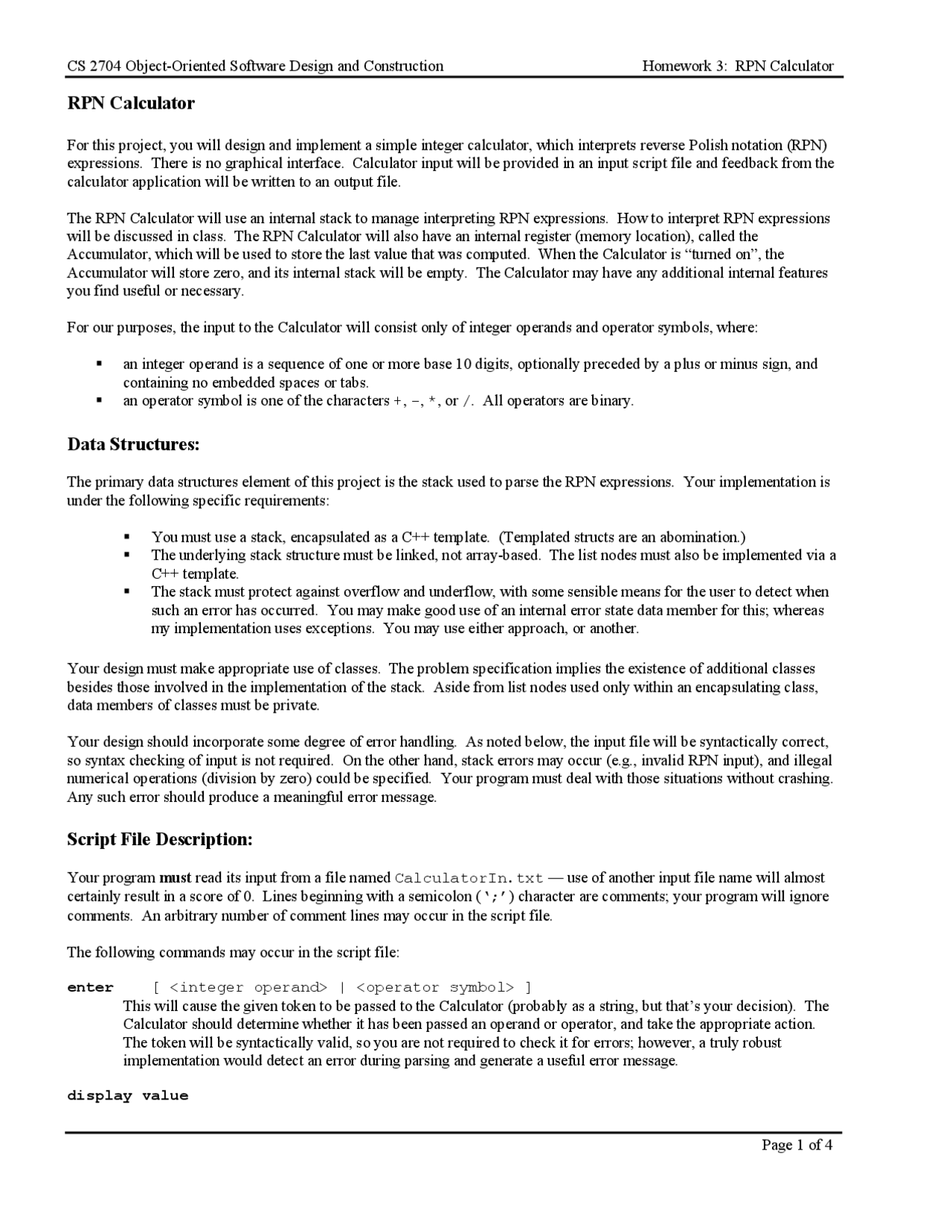 Reverse Polish Notation Calculator - Homework 3 | CS 2704 - Docsity