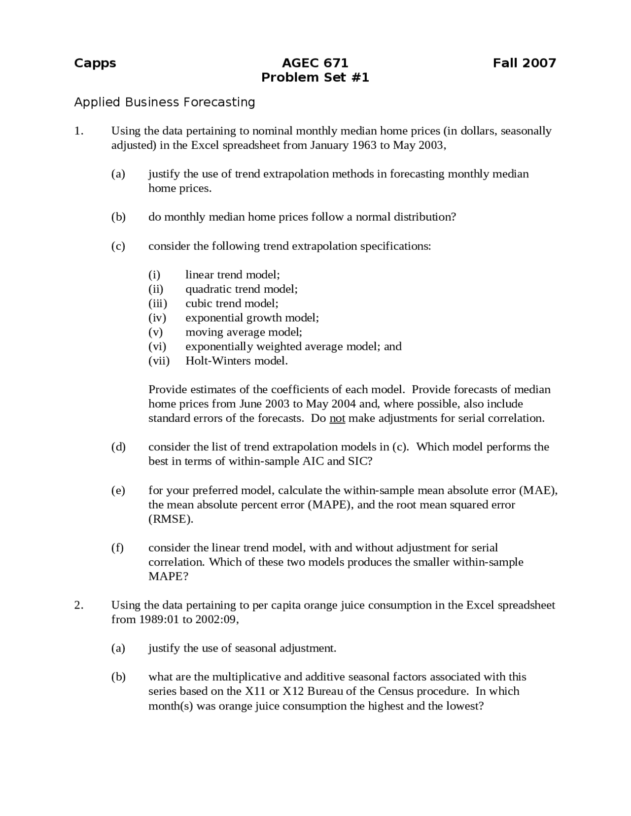 Problem Set 1 Applied Business Forecasting Agec 671 Docsity
