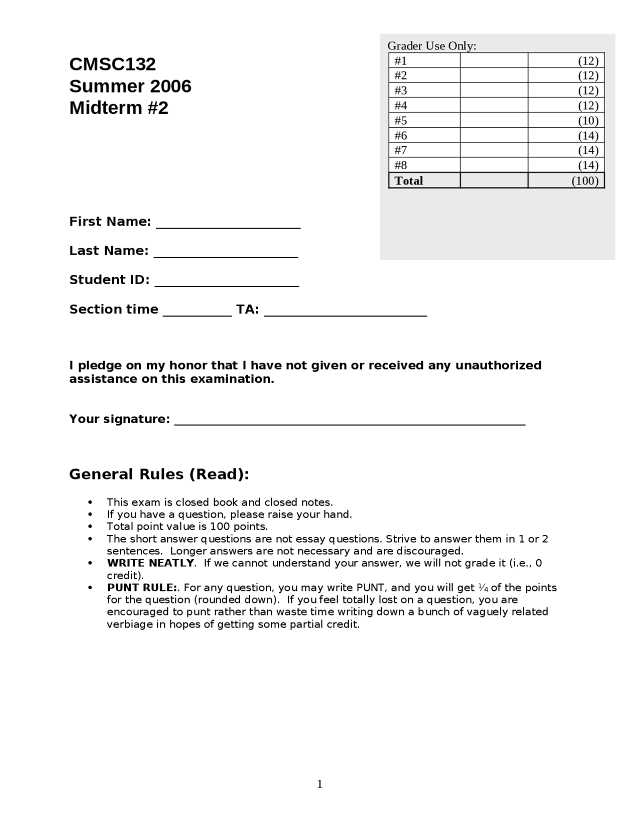 Summer 2006 CMSC132 Midterm: Hashing, Networking, Sorting, Complexity, Regex, Recursion, D ...