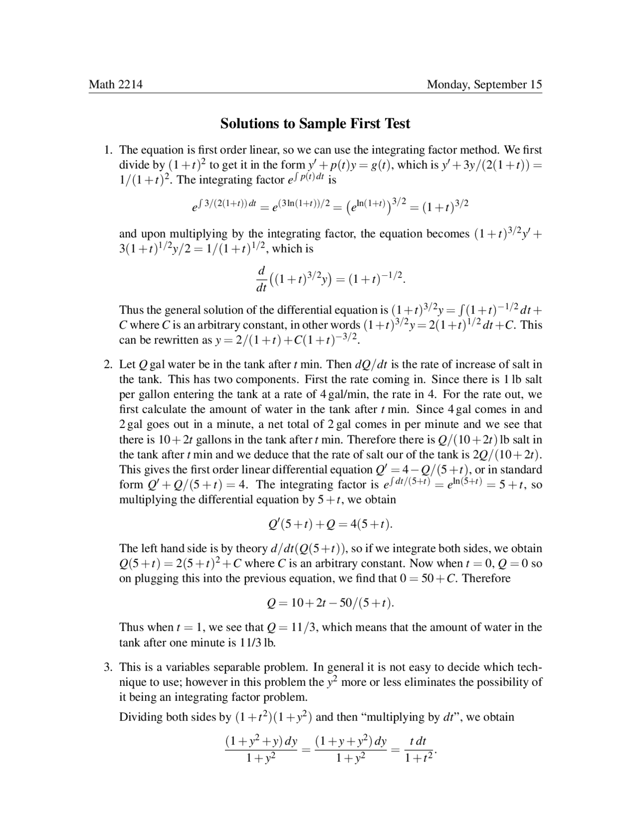 Solutions To Sample First Test Introduction To Differential Equation