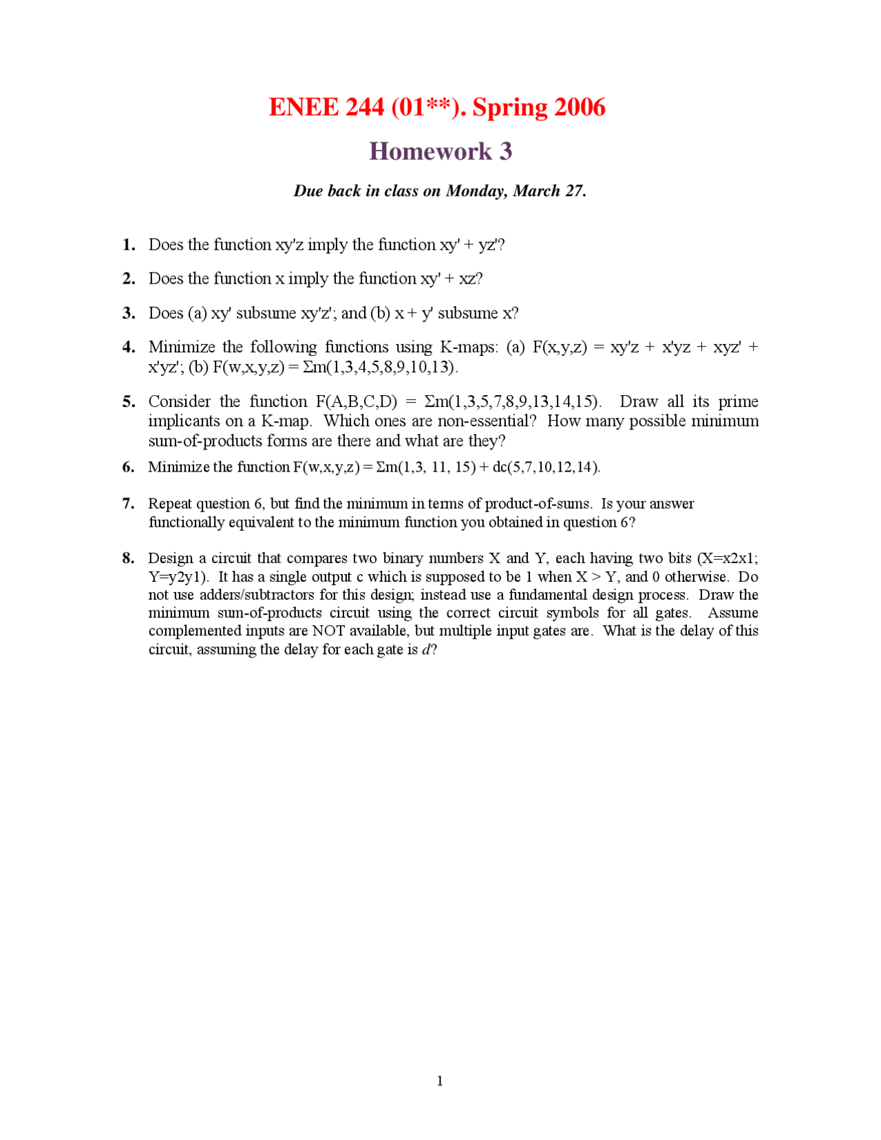 Practice Homework 3 Digital Logic Design Enee 244 Docsity