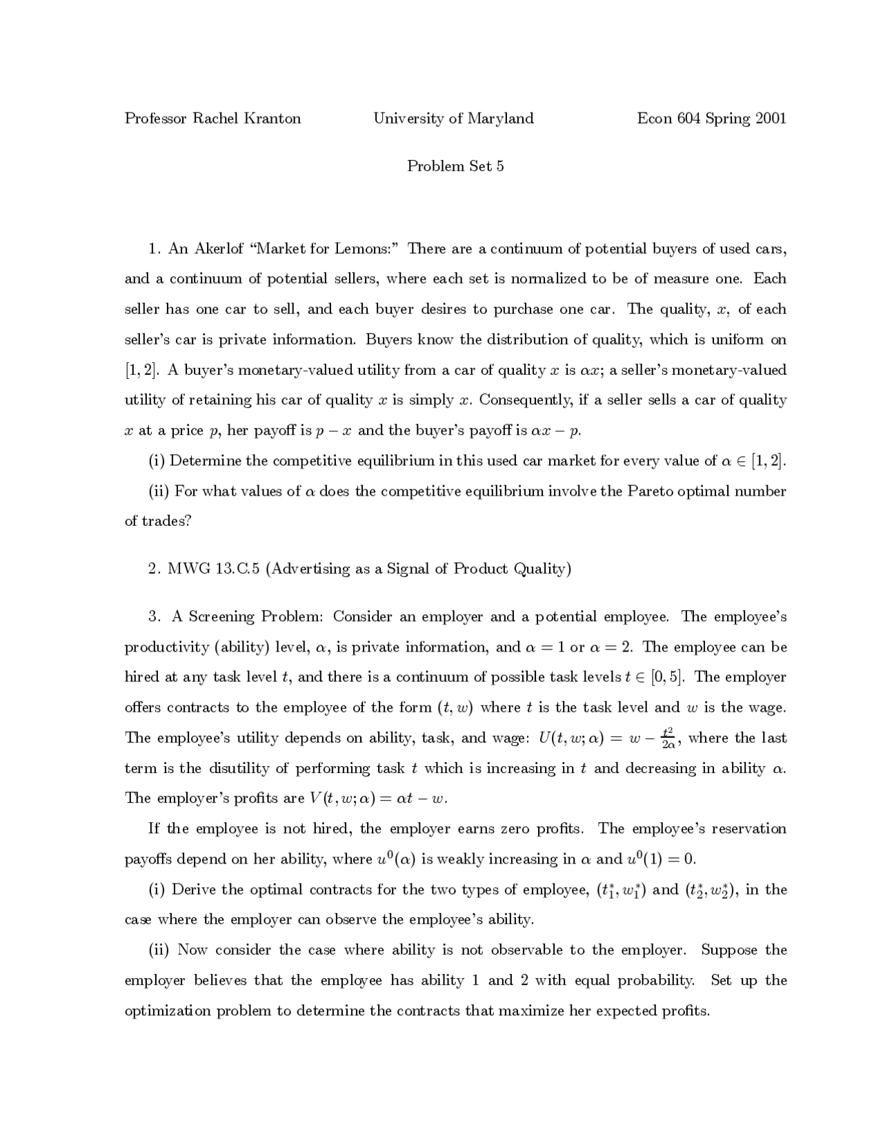 Problems Set 5 Microeconomic Analysis Ii Econ 604 Docsity