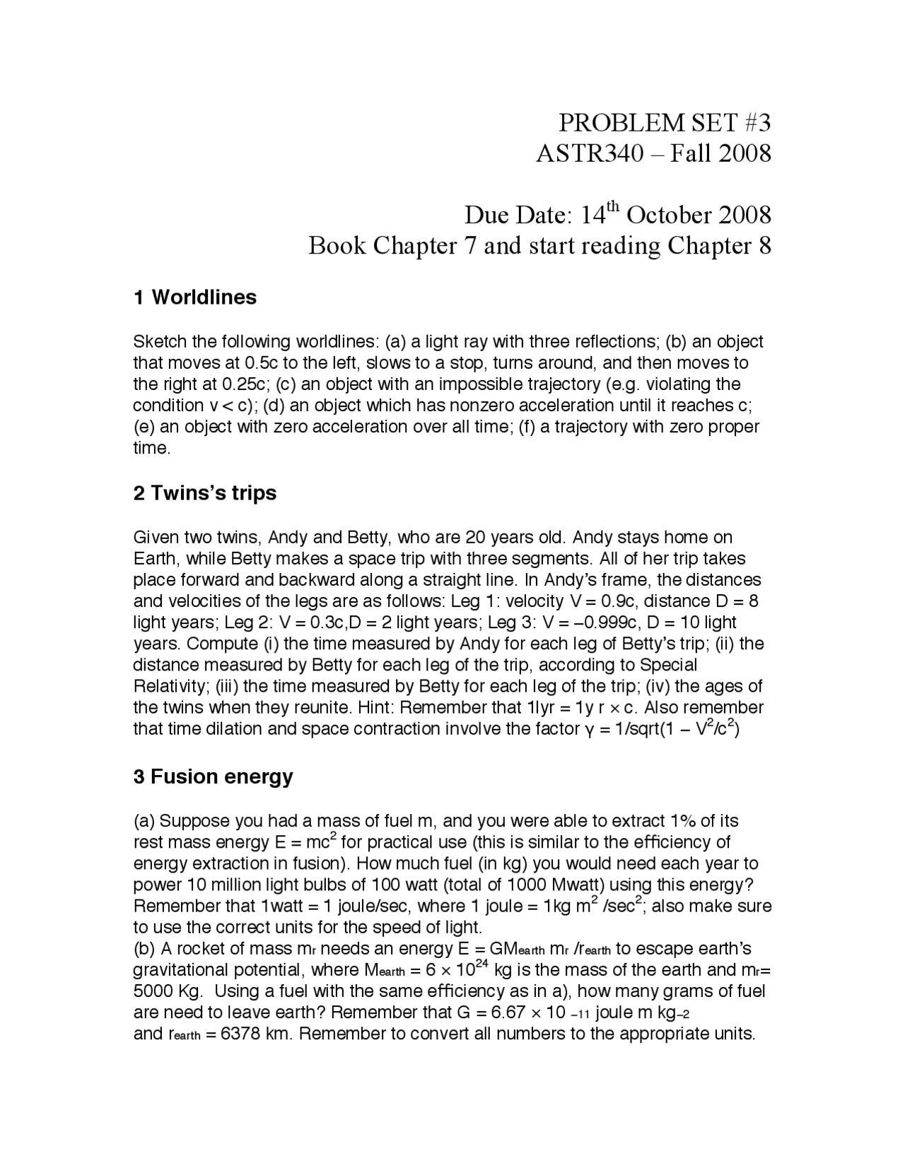 Problem Set 3 Origin Of The Universe Fall 2008 Astr 340 Docsity