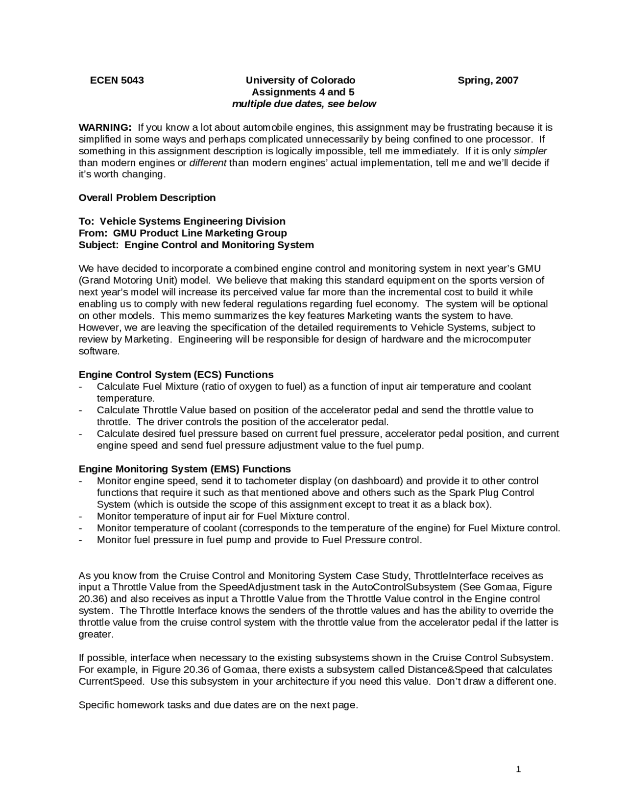 Engine Control And Monitoring System Assignment Ecen 5043 Docsity