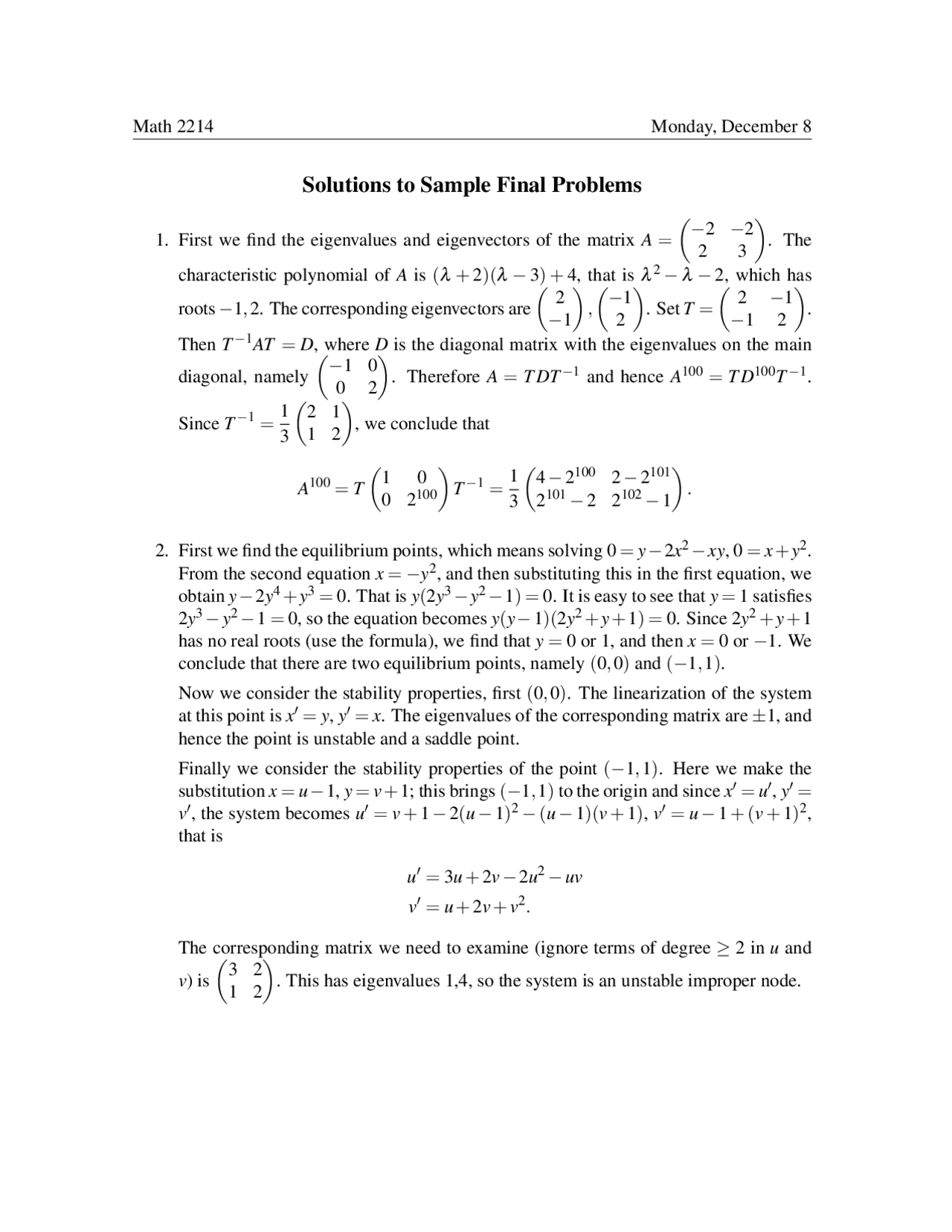 Solutions For Sample Final Exam Introduction Of Different Equations