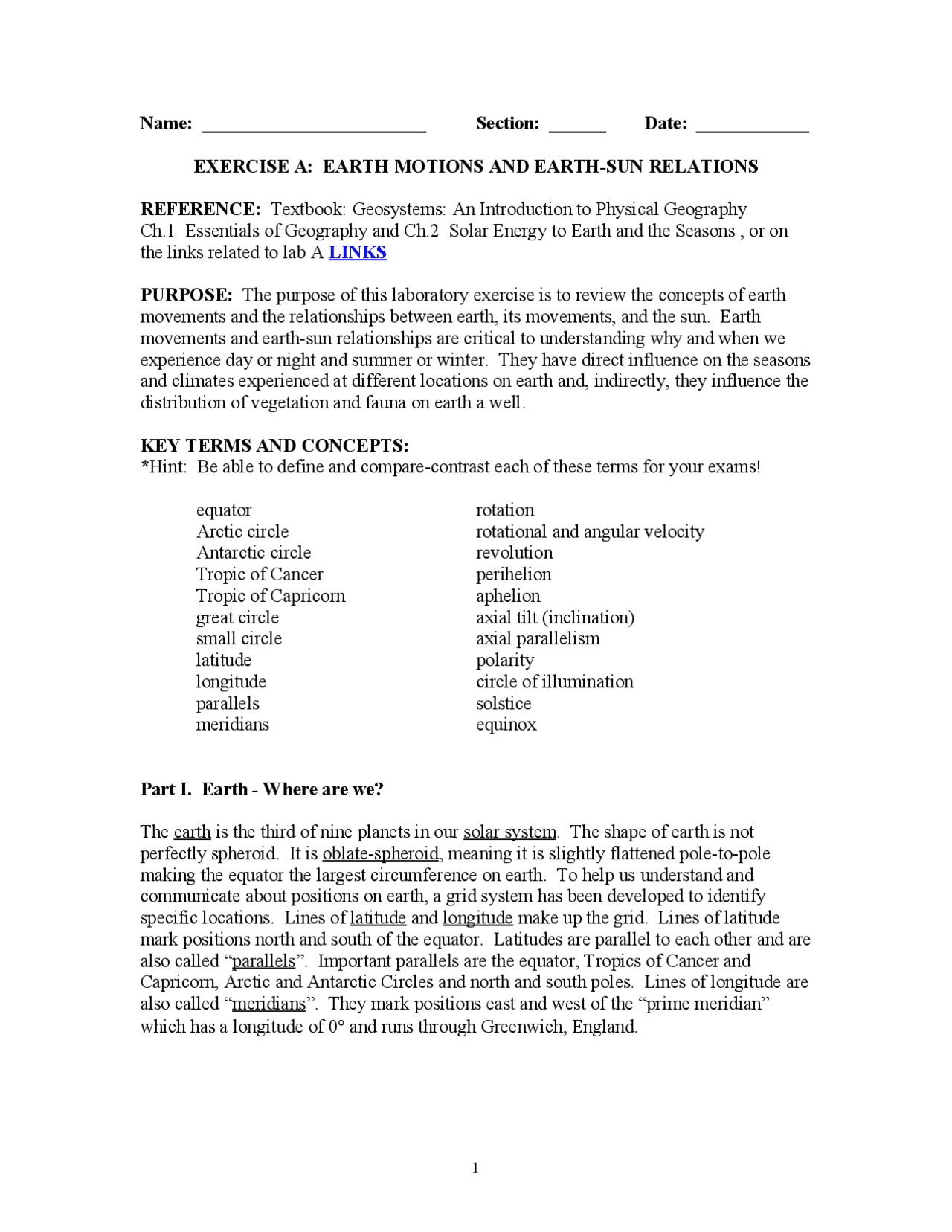 Exercise A: Earth Motions and Earth-Sun Relations | GEOG 1001 - Docsity