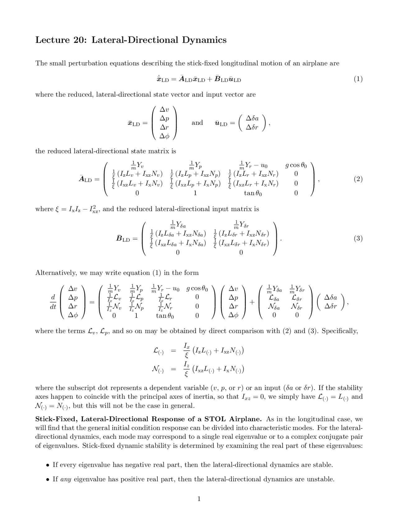 Lateral-Directional Dynamics - Stability and Control | AOE 3134 - Docsity