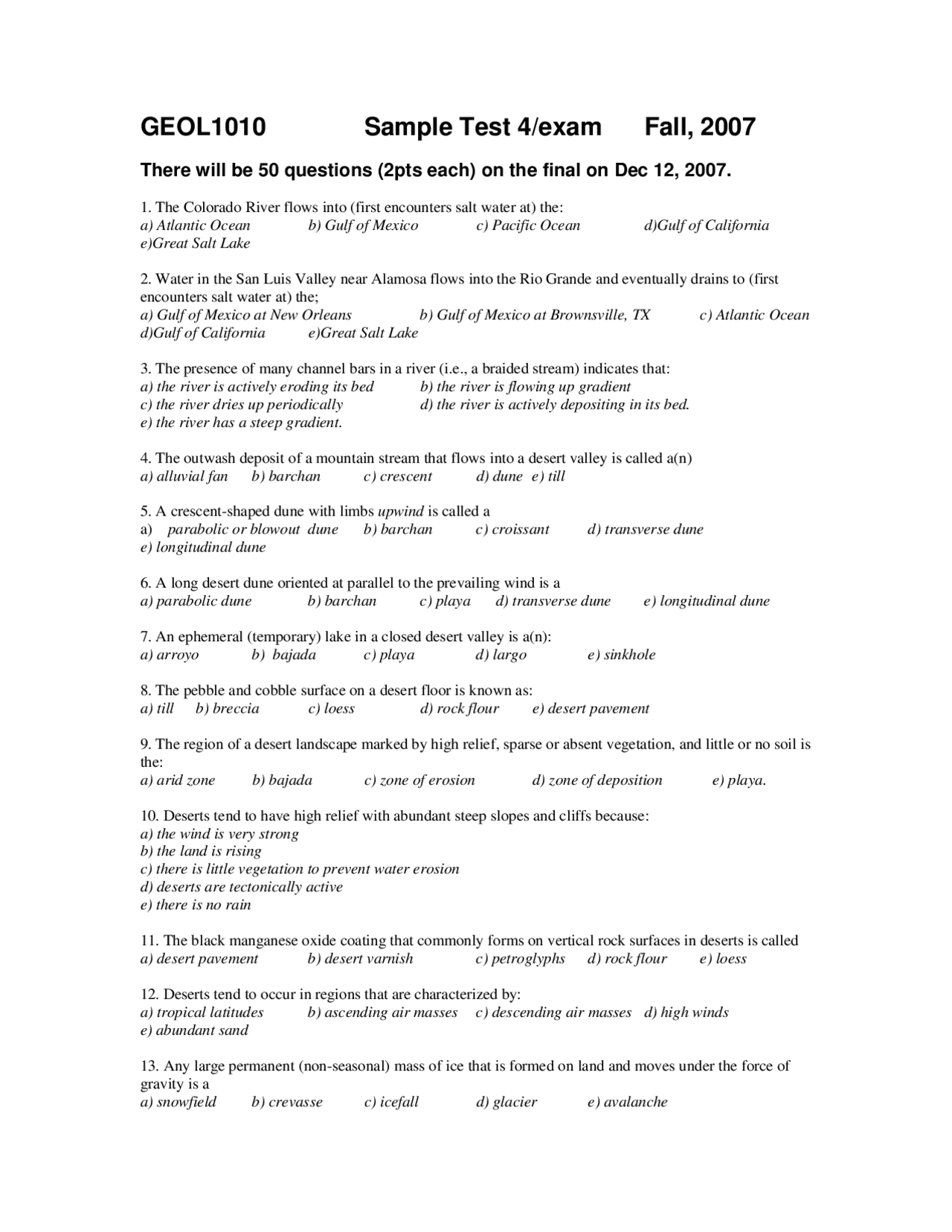 Questions For Sample Test 4 Introduction To Geology Geol 1010 Docsity