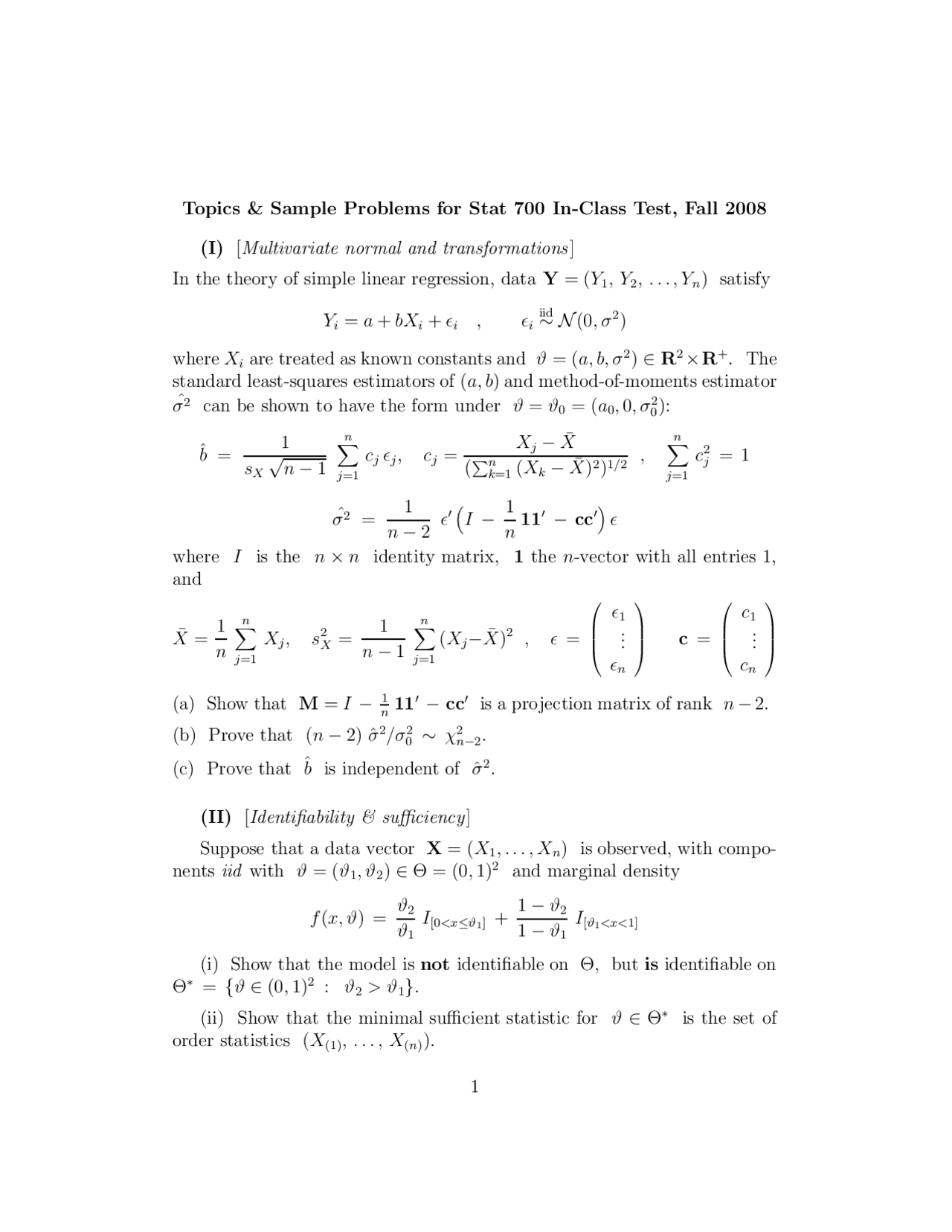 Topics And Sample Problems For Mathematics Statistics I Stat 700