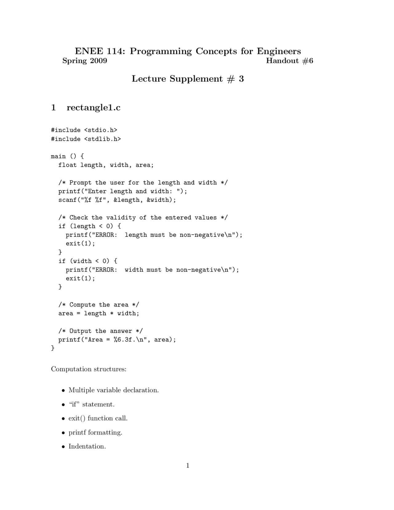 Programming Concepts Of Engineering Handout 6 Spring 2009 Enee