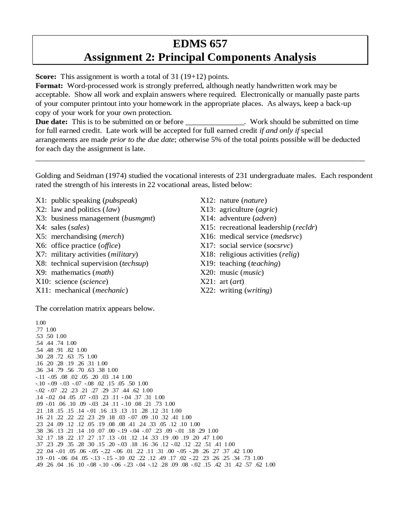 Principal Components Analysis Assignment 2 Edms 657 Docsity