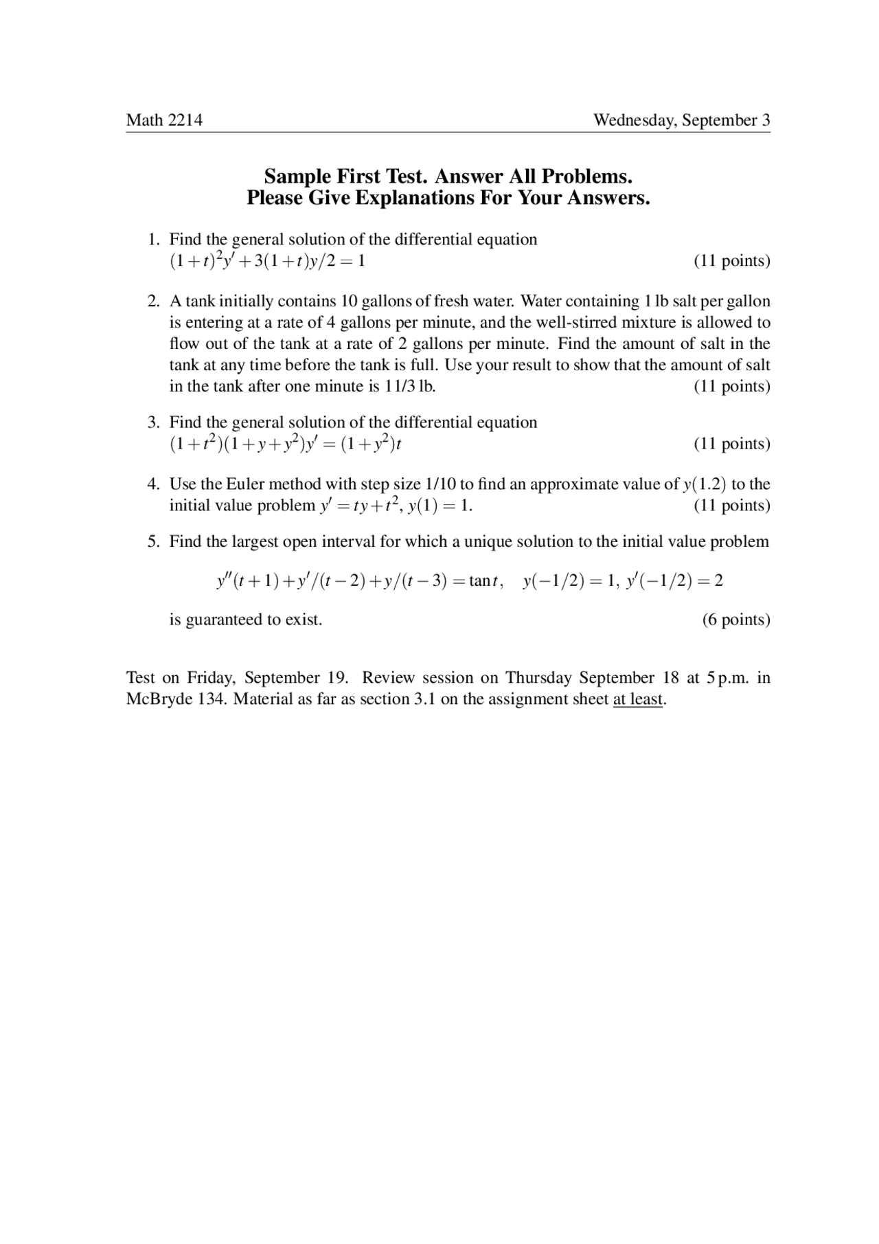 First Test Answer All Problems Introduction Differential Equations
