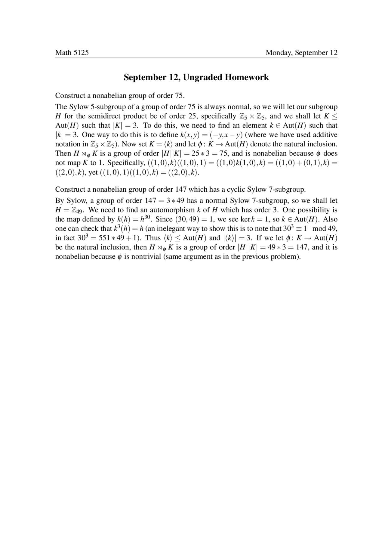 Abstract Algebra Unsolved Questions For Homework Math 5125
