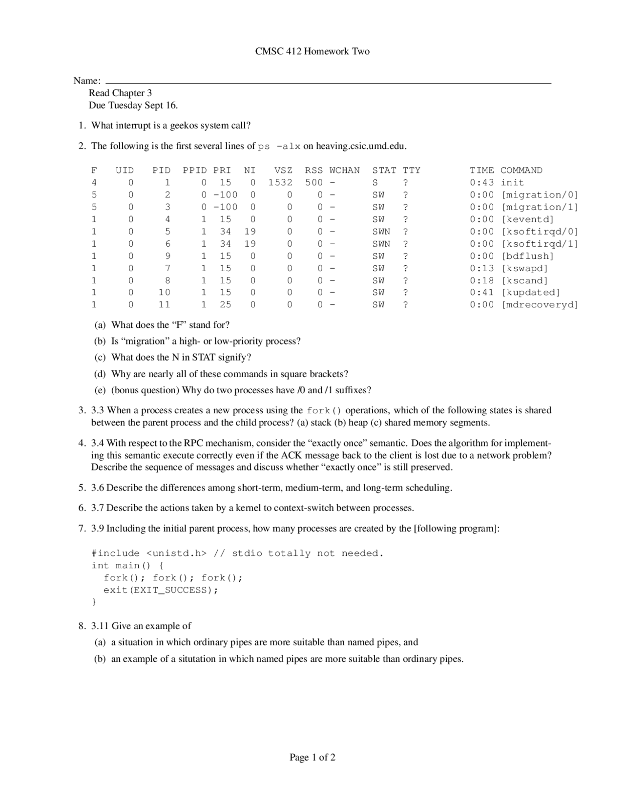 Homework 2 Questions Operating Systems Cmsc 412 Docsity