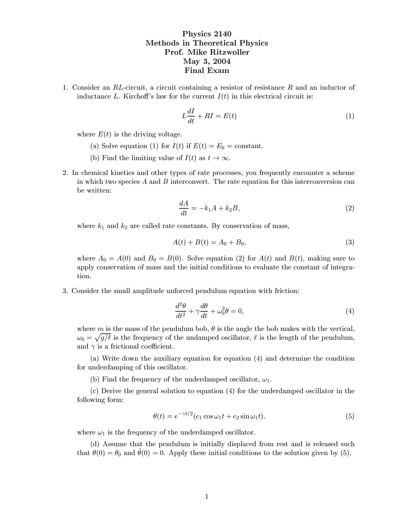 7 Problems On General Physics 3 Final Examination Phys 2130 Docsity