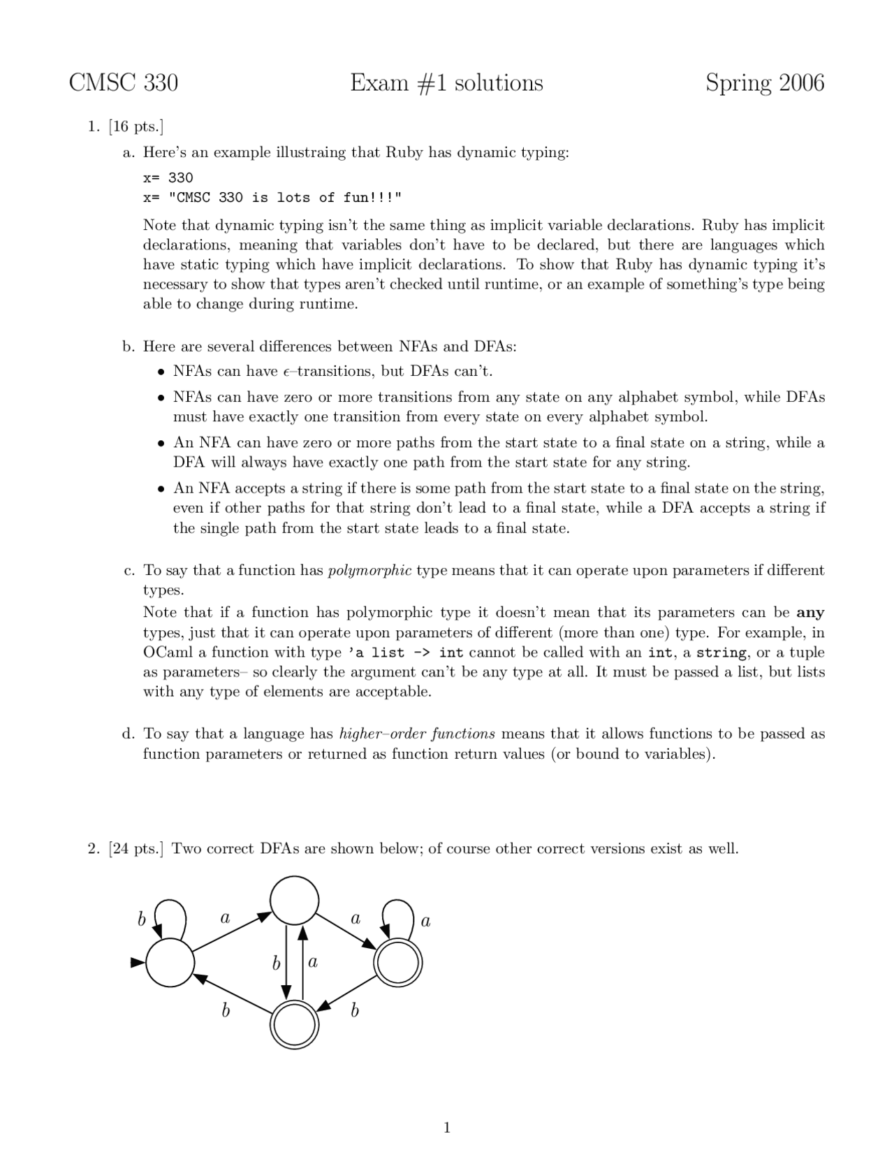 Old Exam 1 With Solutions Organization Of Programming Language Cmsc 330 Docsity