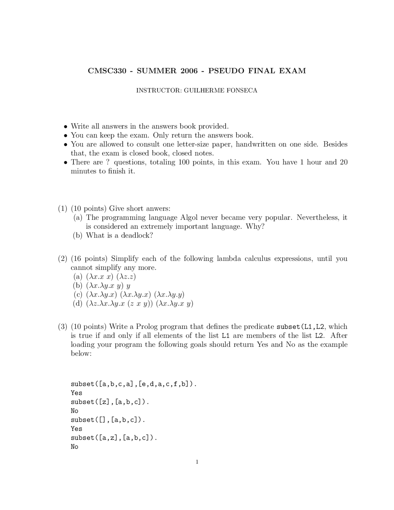Pseudo Final Exam Organization Of Programming Language Cmsc 330