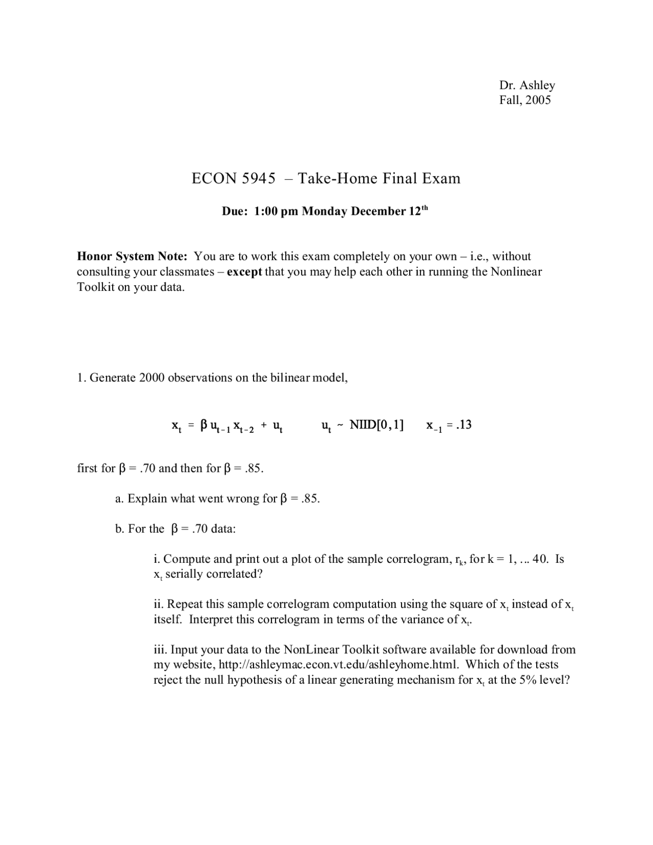 Take Home Final Exam Econometric Theory And Practice Econ 5945