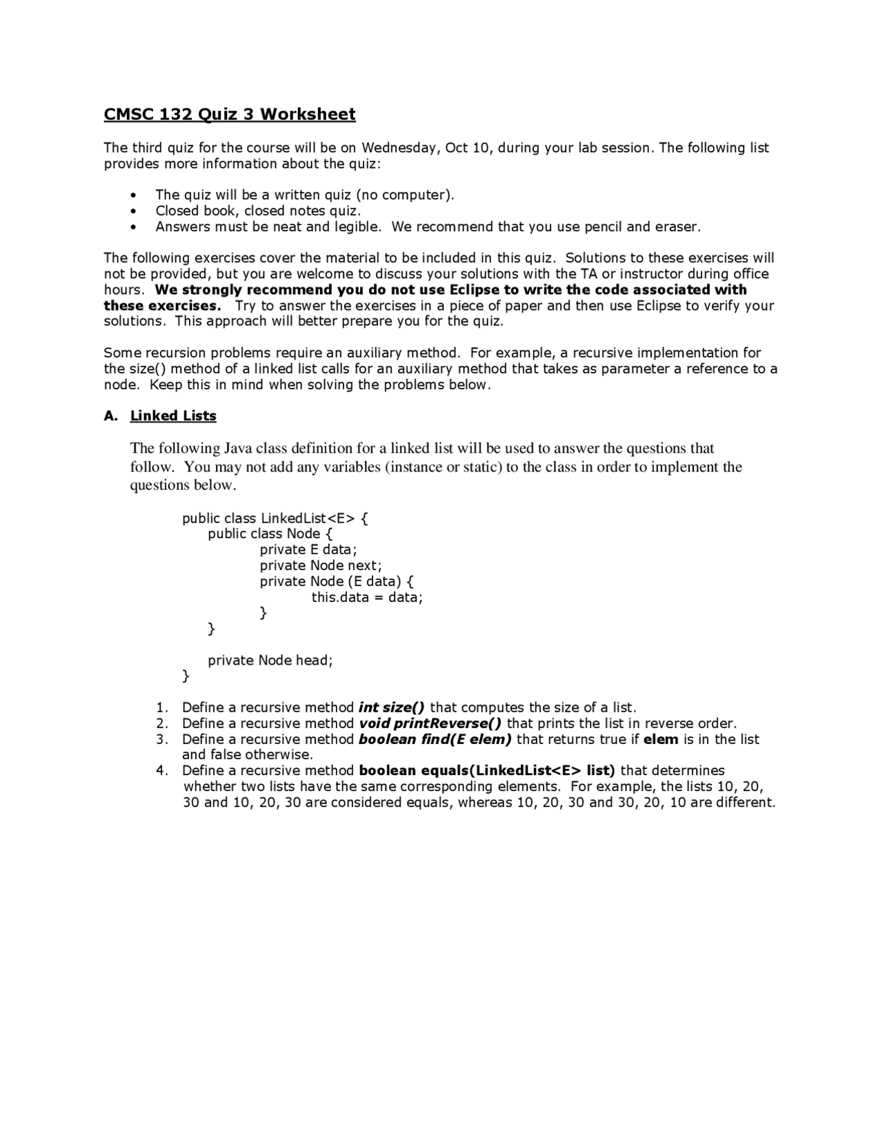 Object Oriented Programming Quiz 3 Worksheet Cmsc 132 Docsity