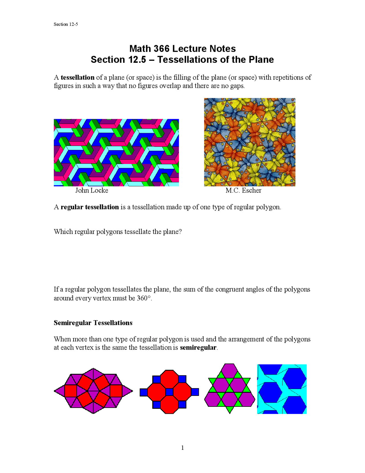 Tessellations of the Plane - Lecture Slides | MATH 366 - Docsity