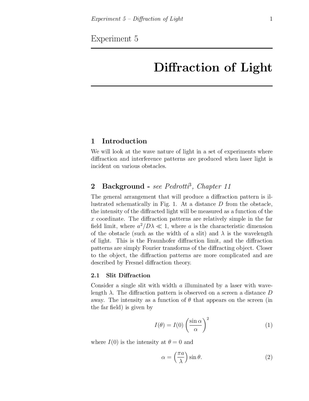 Lab Experiment 5 Diffraction Of Light Phys 375 Docsity