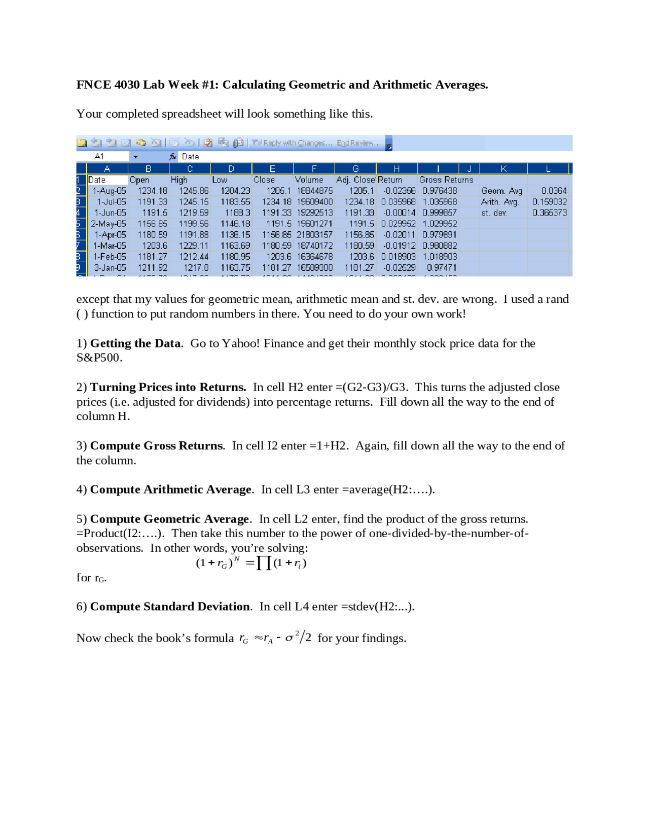 Calculating Geometric and Arithmetic Averages - Lab #1 | FNCE 4030 ...