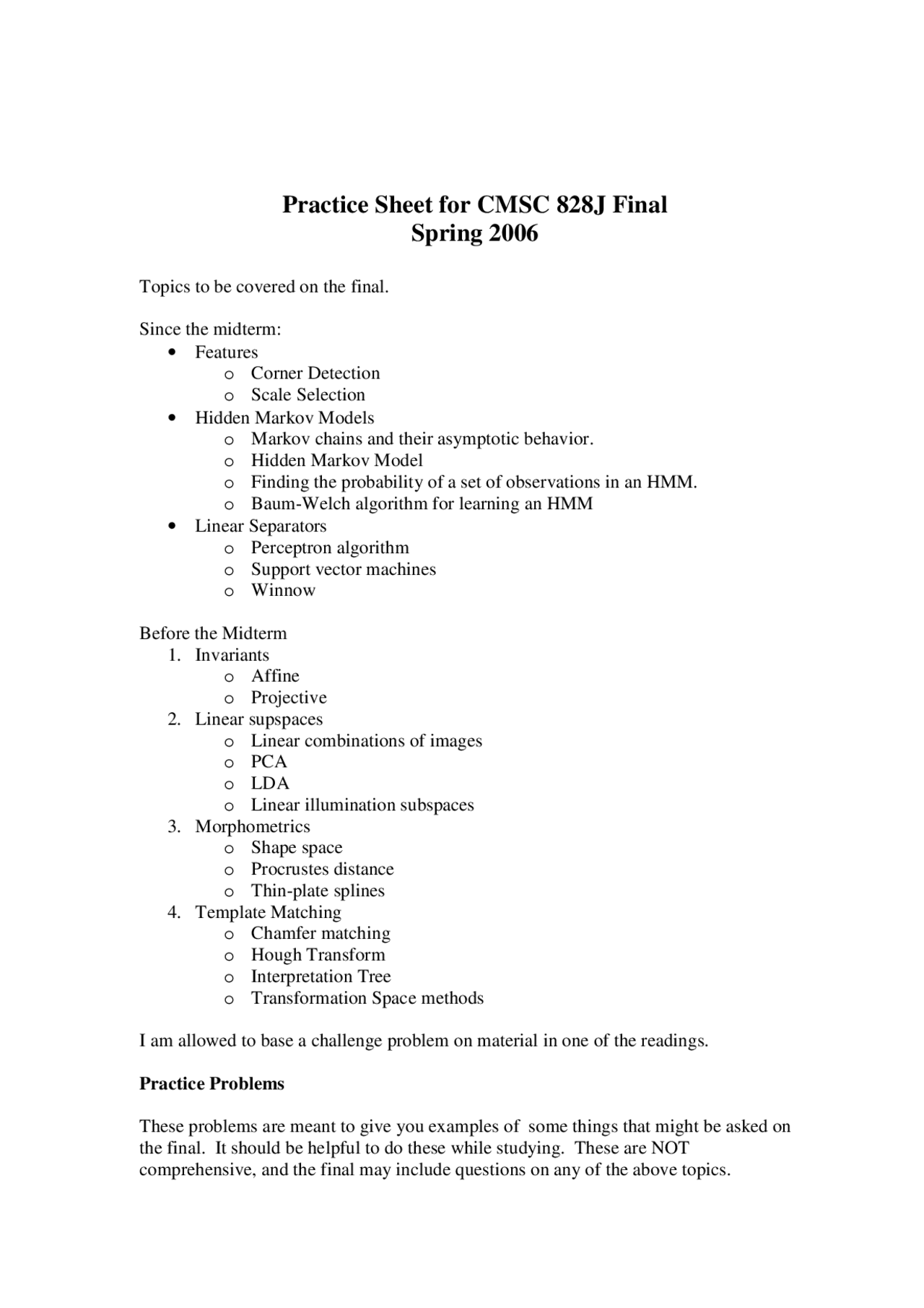 Practice Problems Sheet Information Procedure Cmsc 828j Docsity