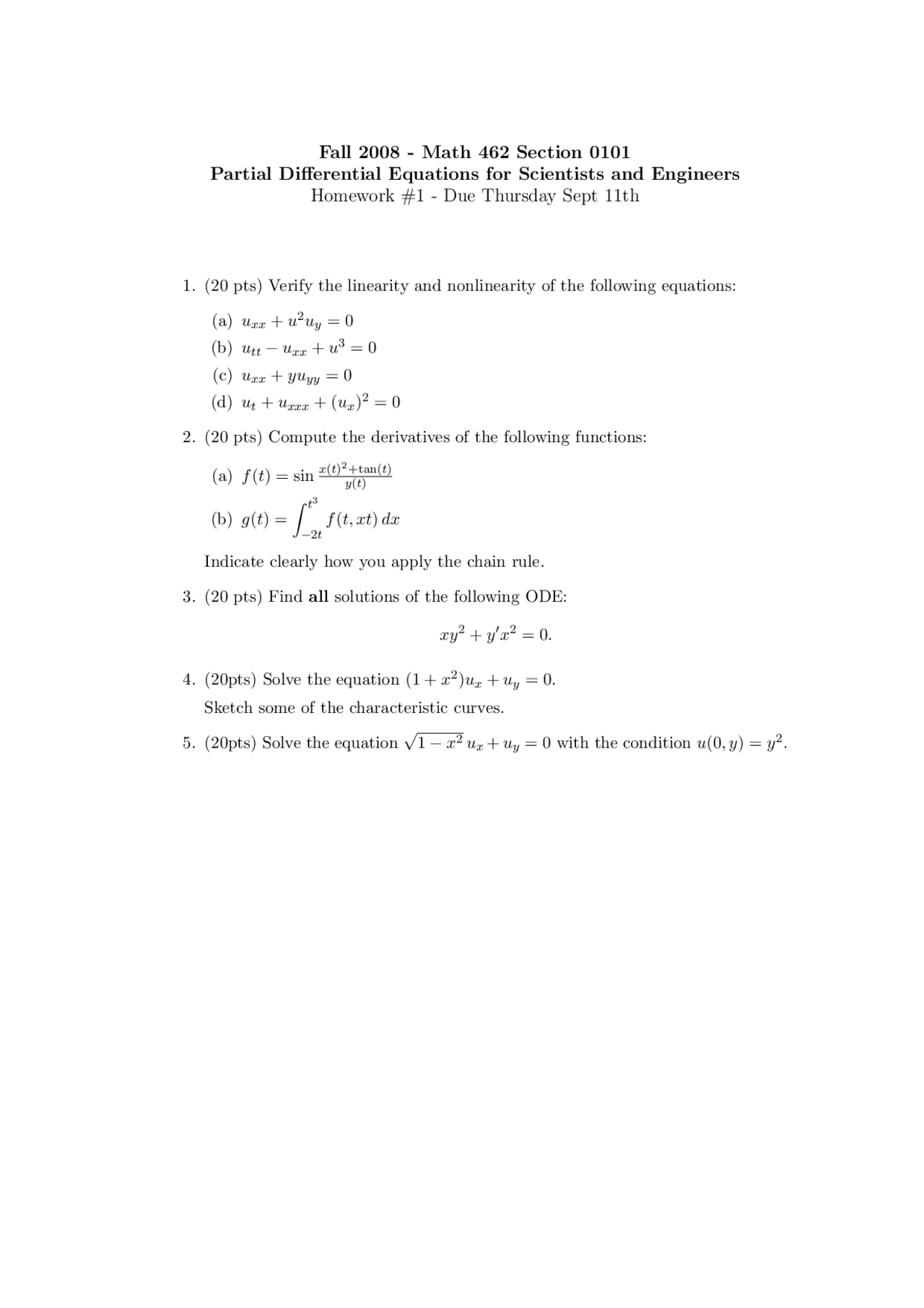 5 Problems On Partial Differential Equations Assignment 1 Math 462 Assignments Mathematics