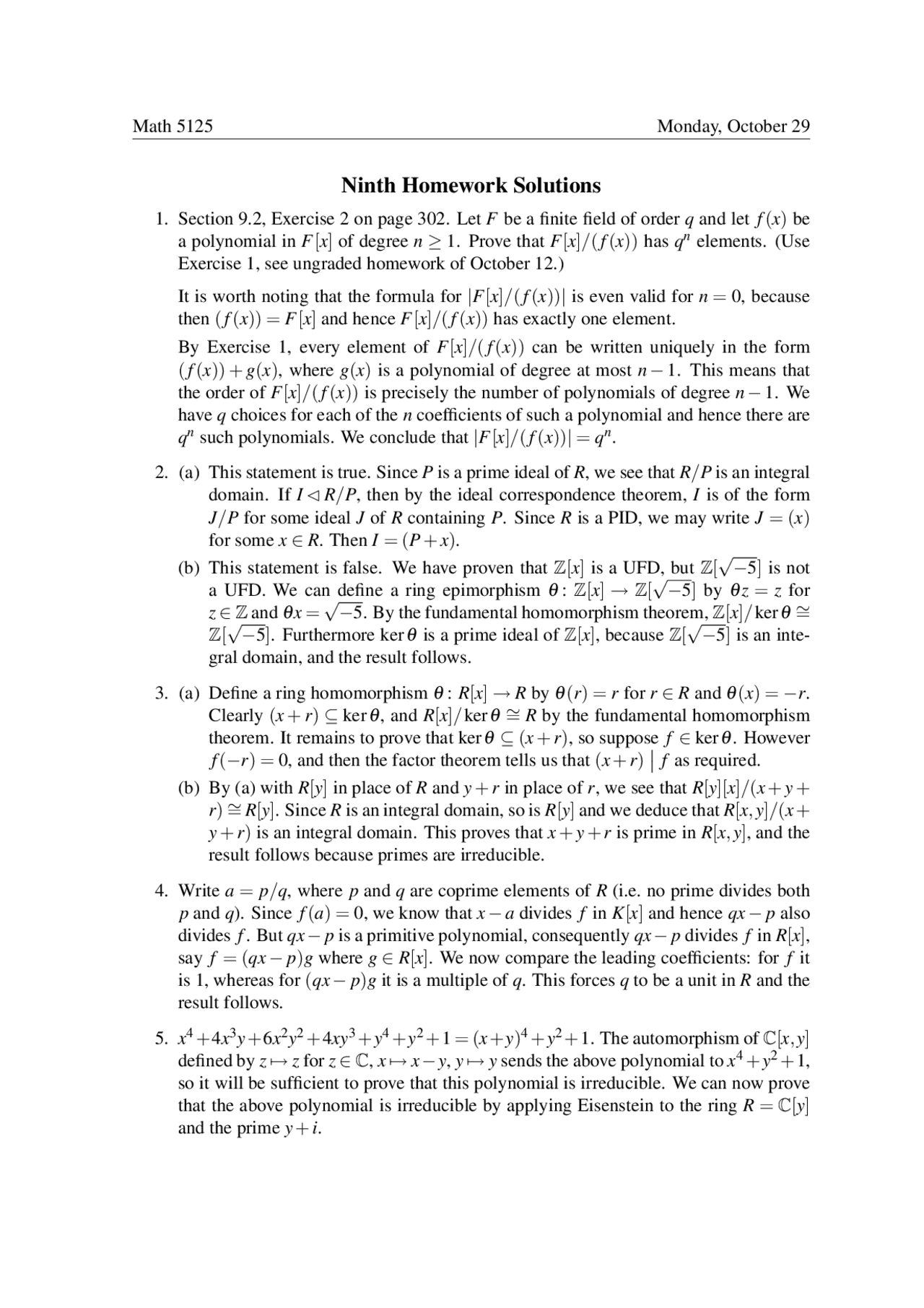 Assignment 9 5 Questions Of Abstract Algebra Math 5125 Docsity