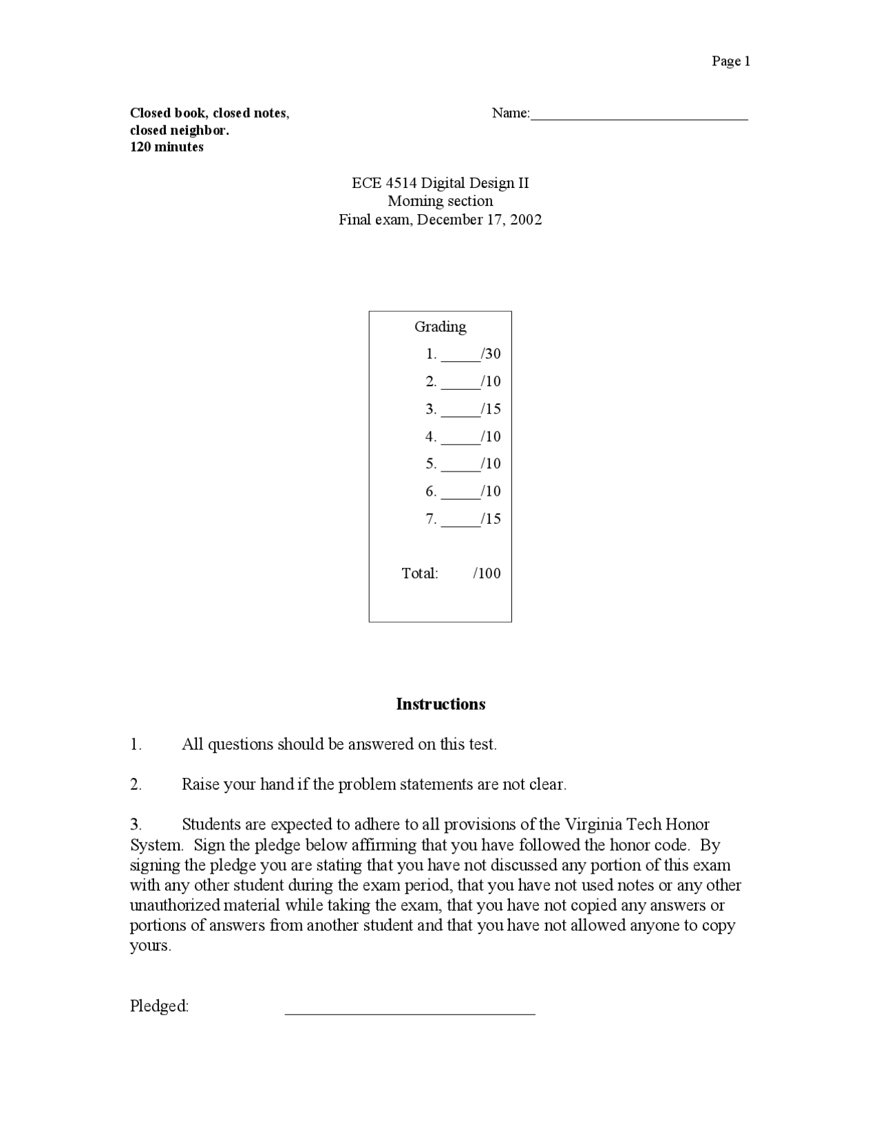 Digital Design Ii Final Exam Ece 4514 Docsity