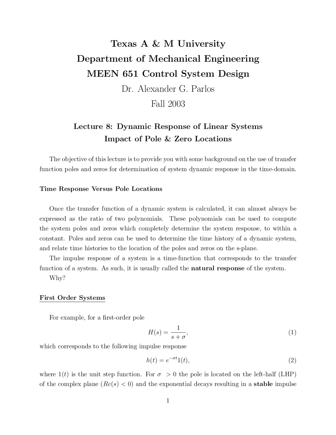 Dynamic Response of Linear Systems - Control System Design | MEEN 651 - Docsity