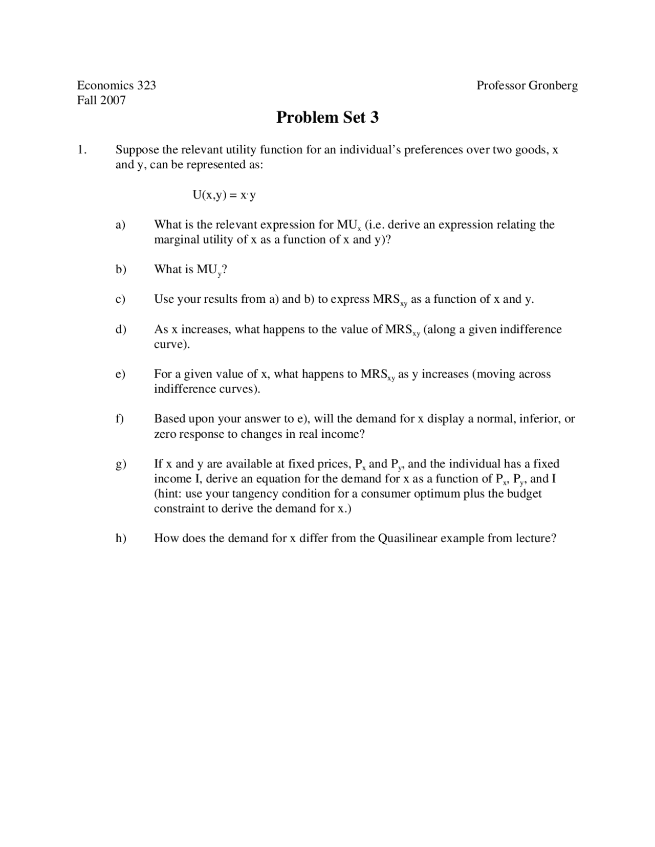 Microeconomic Theory Problem Set 3 Econ 323 Docsity