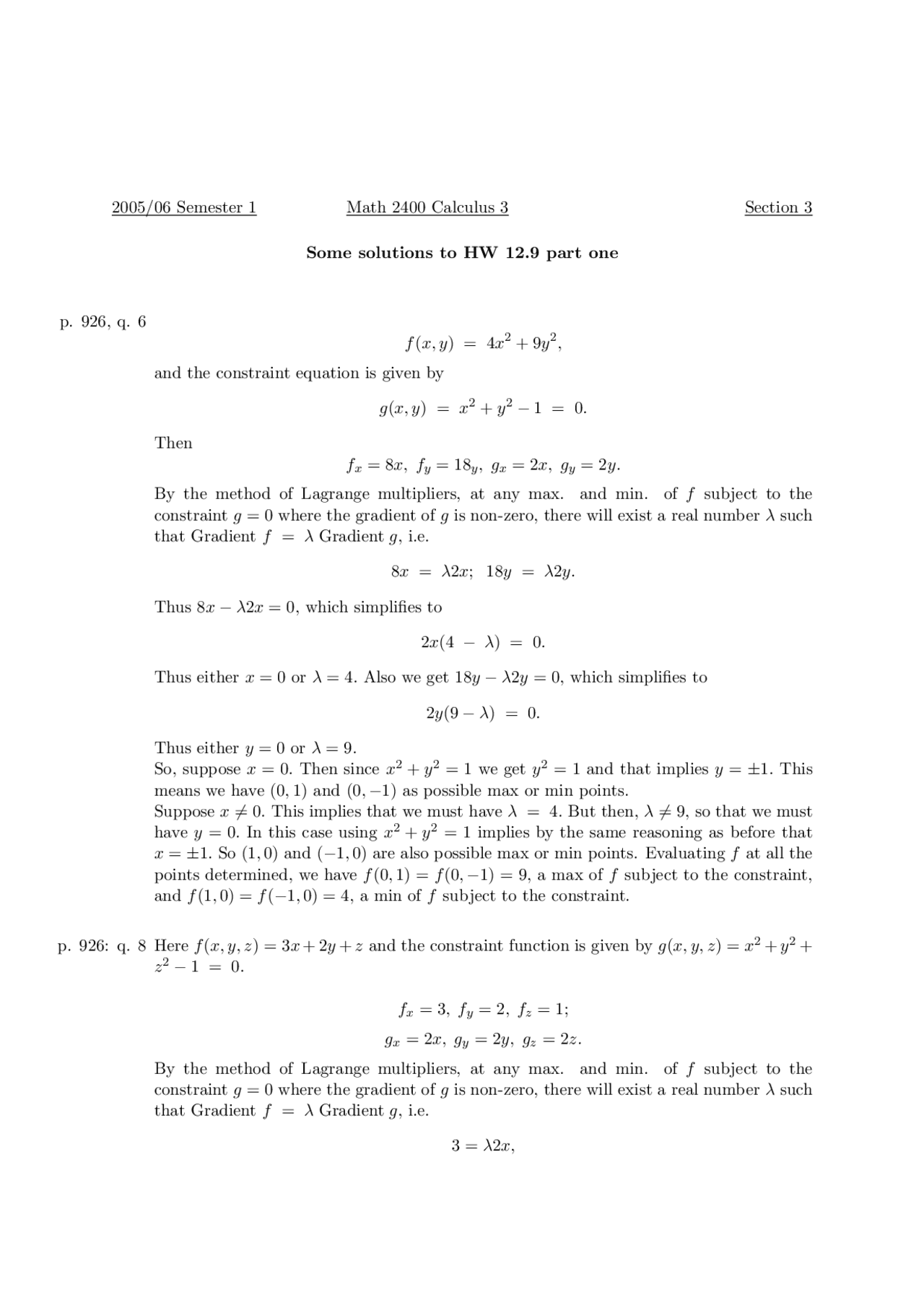 4 Solved Problems On Analytic Geometry And Calculus Iii Assignment Math 2400 Docsity