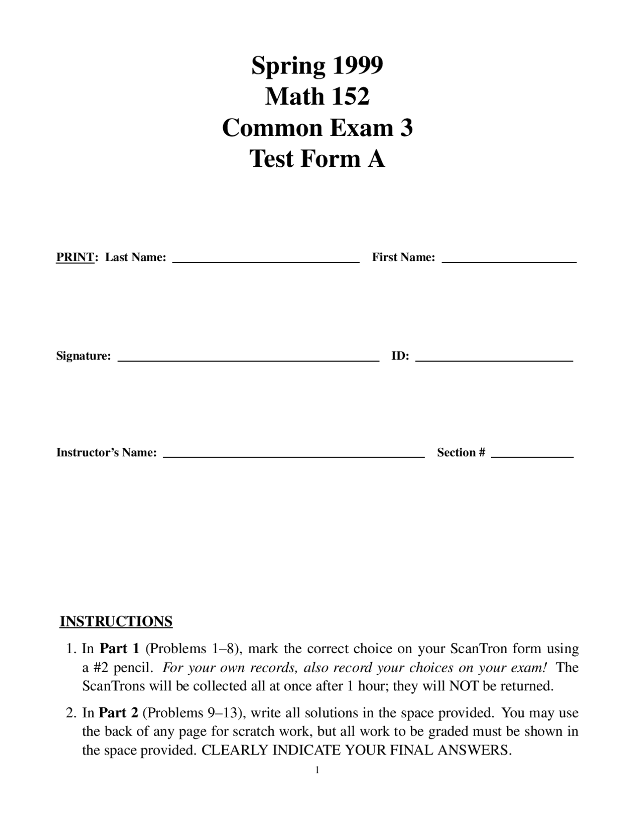 13 Questions Of Engineering Mathematics Ii Examination 3 Math 152