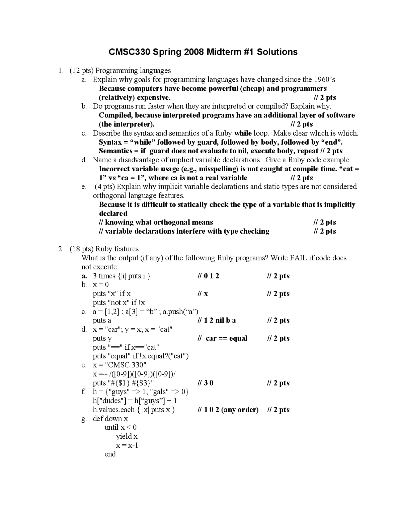 Midterm 1 With Solutions Organization Of Programming Languages Cmsc