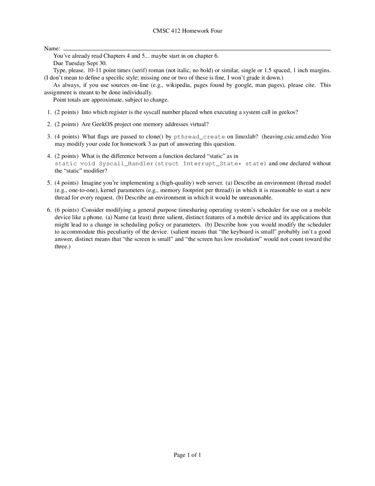 Homework 4 With 6 Problems Operating Systems Cmsc 412 Docsity