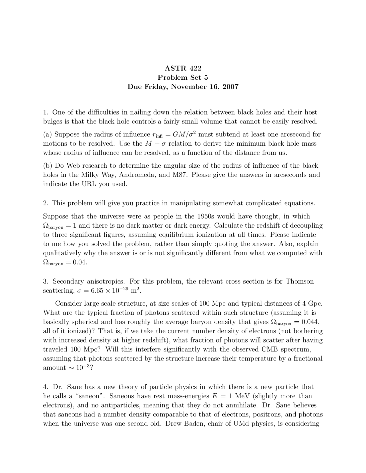 Problem Set 5 Cosmology Homework Astr 422 Docsity